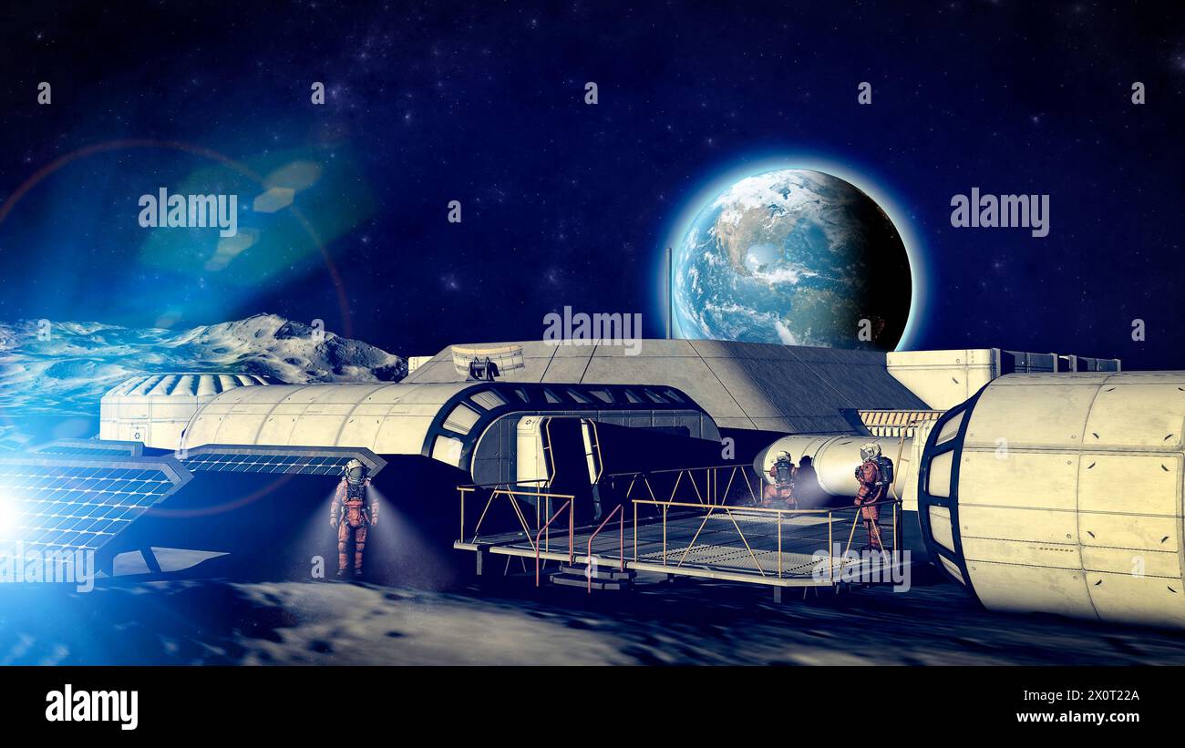 Lunar base, spatial outpost. First settlement on the moon. Space missions. Living modules for ...