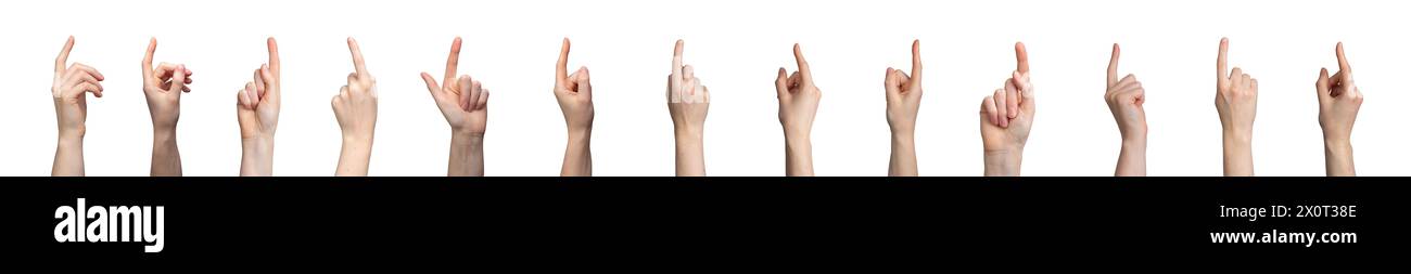 Fingers clicking, touching, pointing up, showing gestures, signs, big hand set isolated on white ...