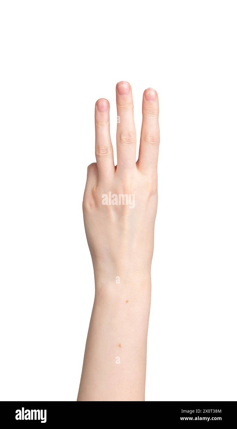 Hand showing 3 fingers up isolated on white background Stock Photo - Alamy