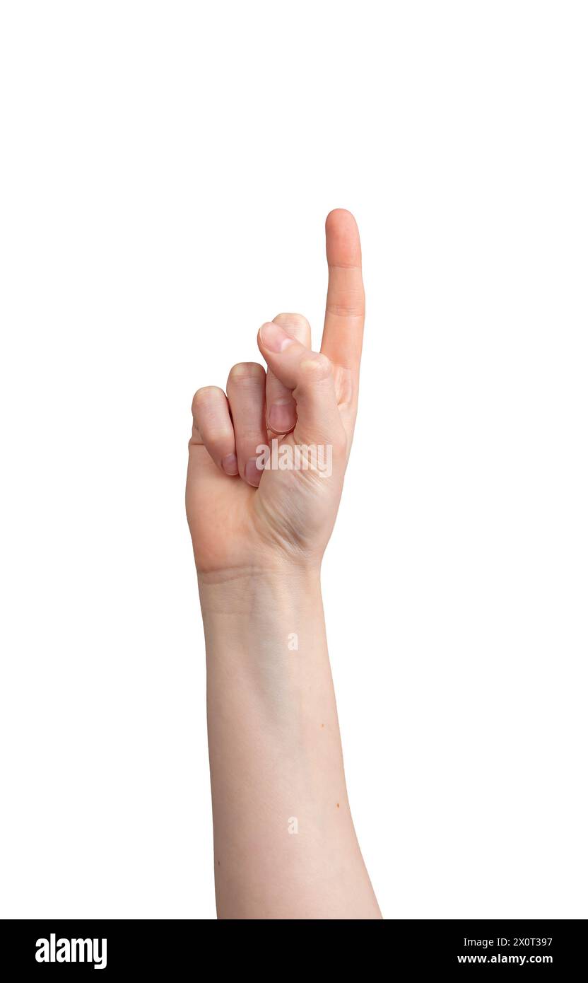 Showing one finger up, noting, attention sign isolated on white Stock ...