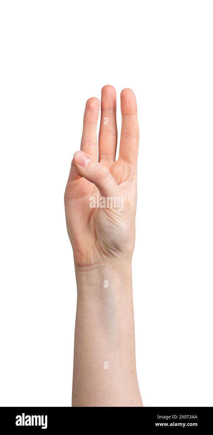 Hand showing 3 fingers up isolated on white background Stock Photo - Alamy