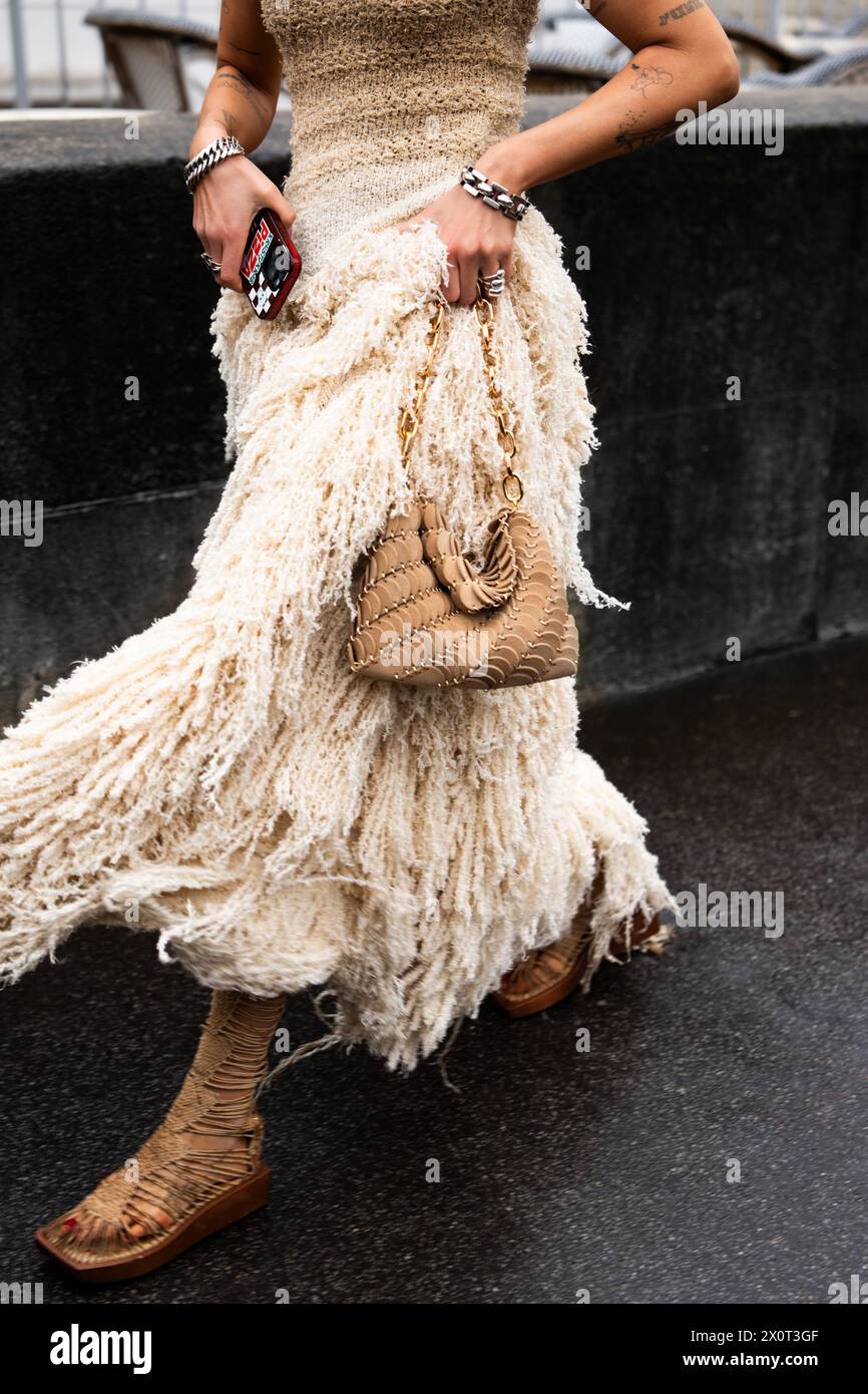 Paris, France - February, 29, 2024: woman wears Rabanne bag, fashion ...