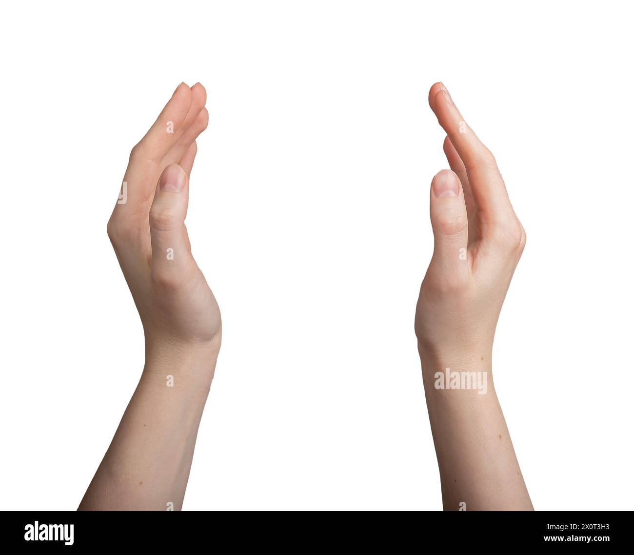 Hand showing something between two hands, palms, care gesture, isolated ...