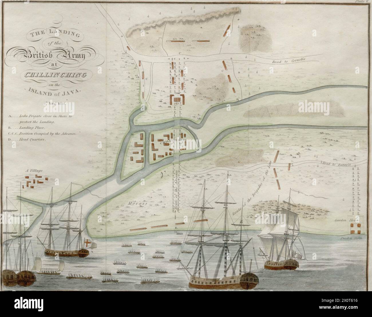 This pictorial plan shows the landing of British troops at Chillinching ...
