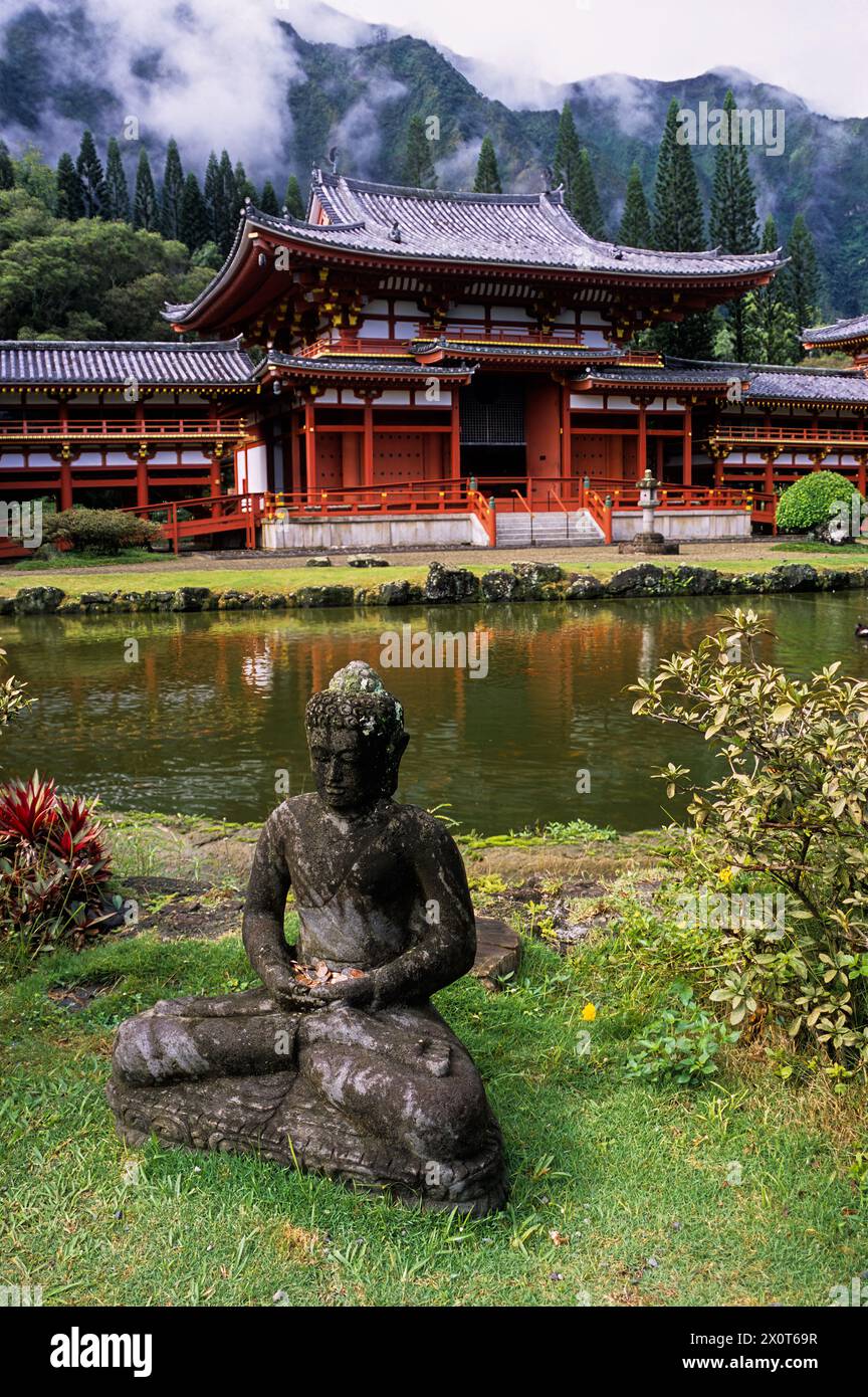 Oahu, Hawaii, USA - Buddha at Byodo-In Temple, Valley of the Temples. A ...