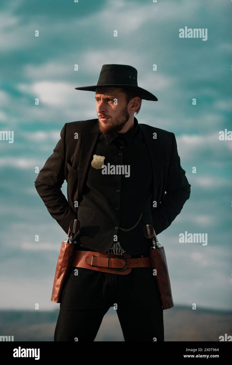 Sheriff in cowboy hat. Man with wild west guns, vintage pistol revolver ...