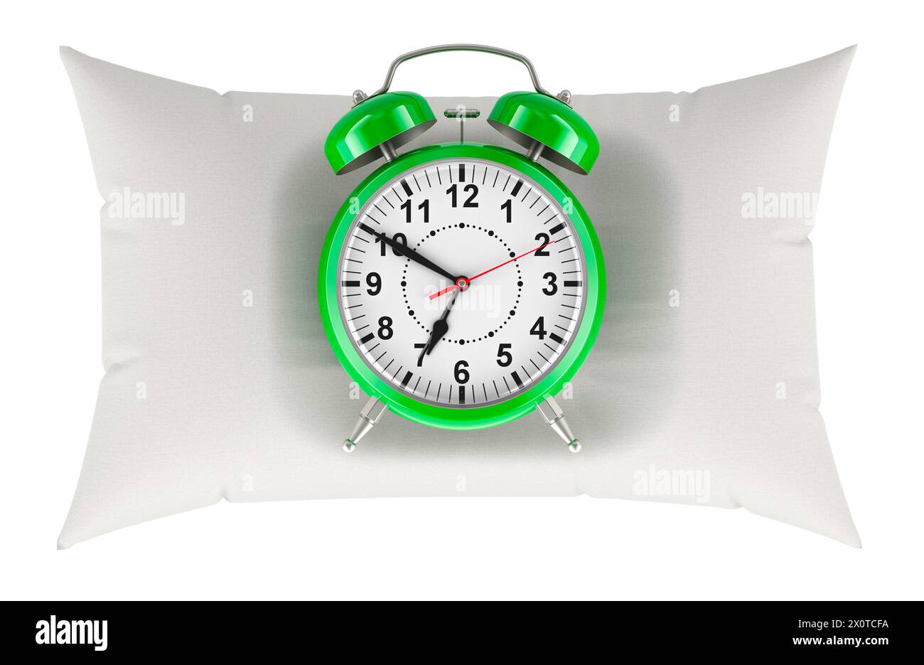 Green alarm clock on the pillow, top view. 3D rendering isolated on ...