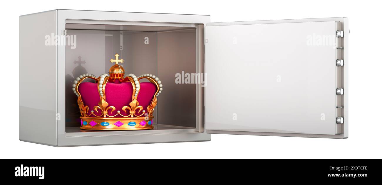 Crown inside safe box with combination lock, 3D rendering isolated on ...