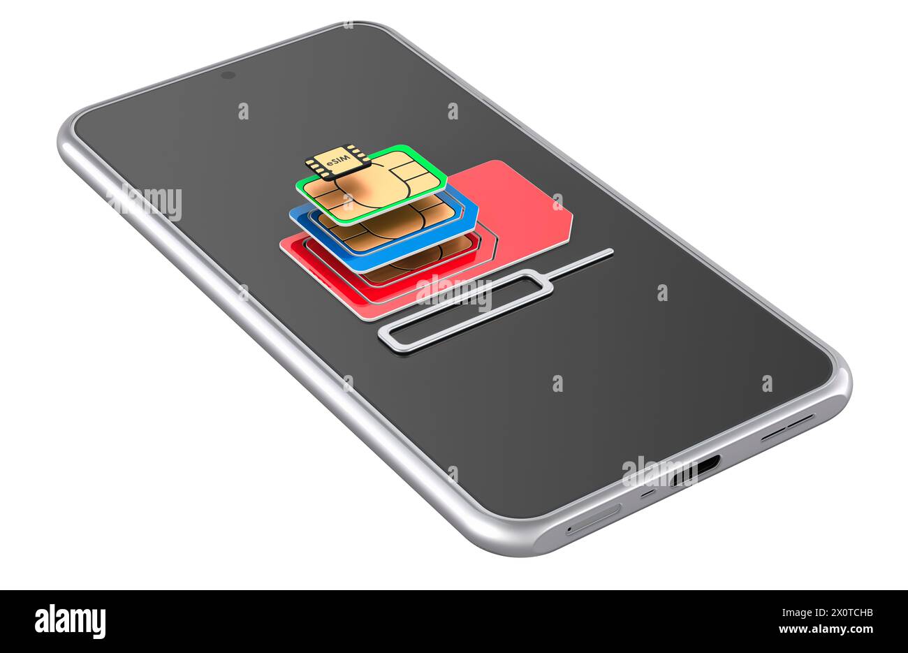 Set SIM-cards with smartphone, 3D rendering isolated on white ...