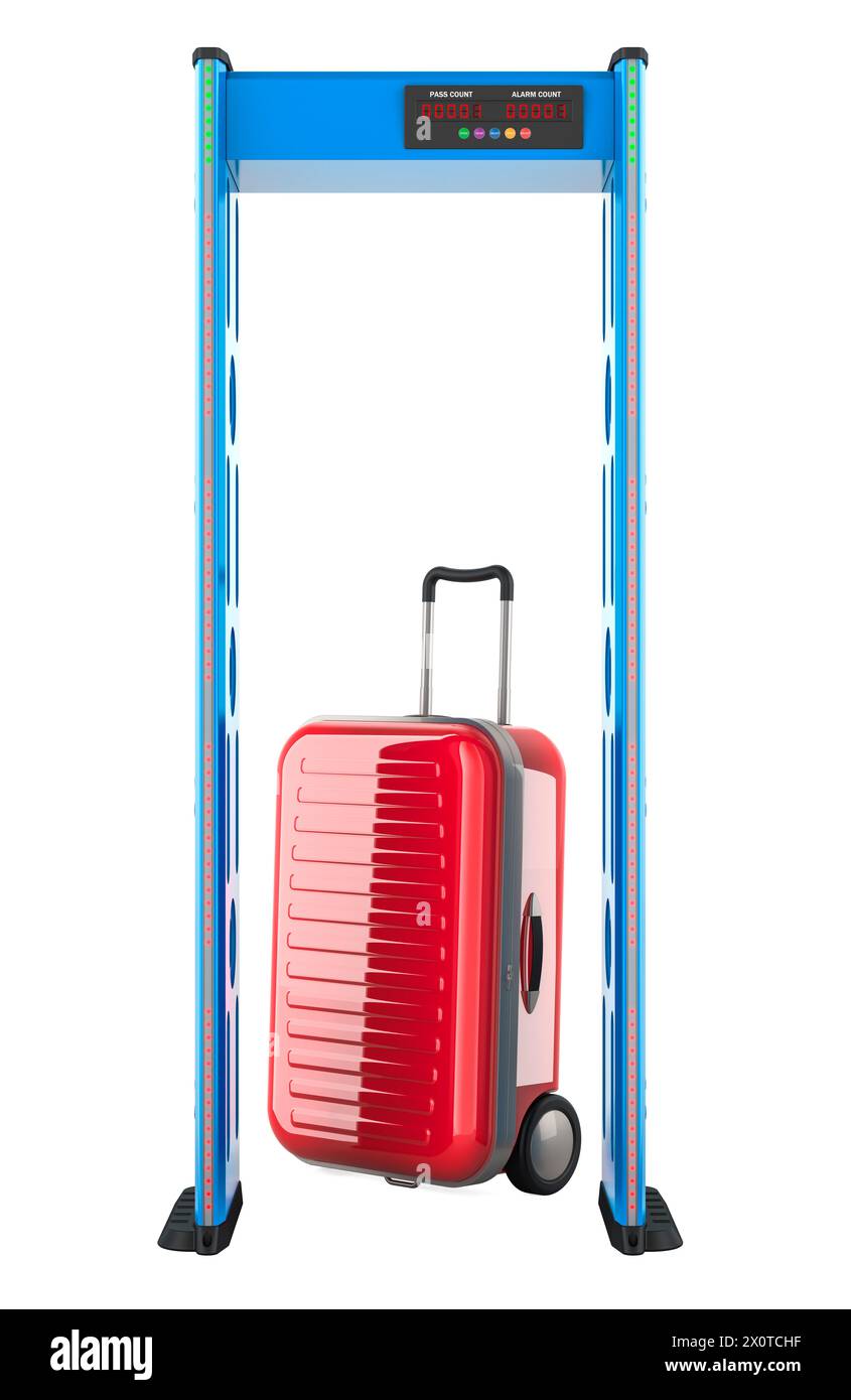 Security checkpoint with metal detector gate and suitcase, 3D rendering ...