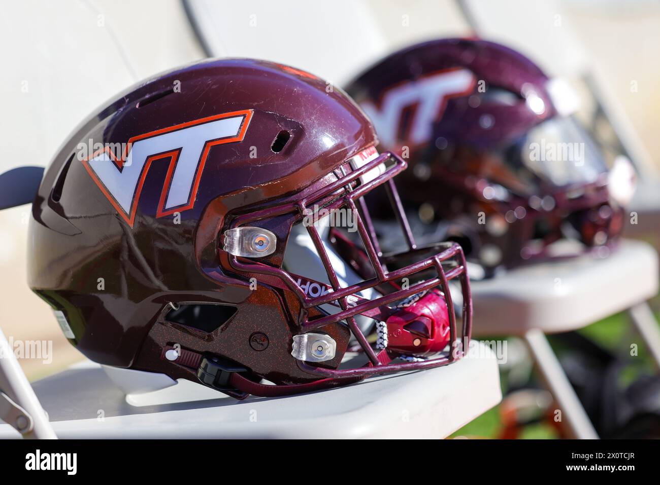 Blacksburg, Virginia, USA. 13th Apr, 2024. Virginia Tech Hokies helmets ...