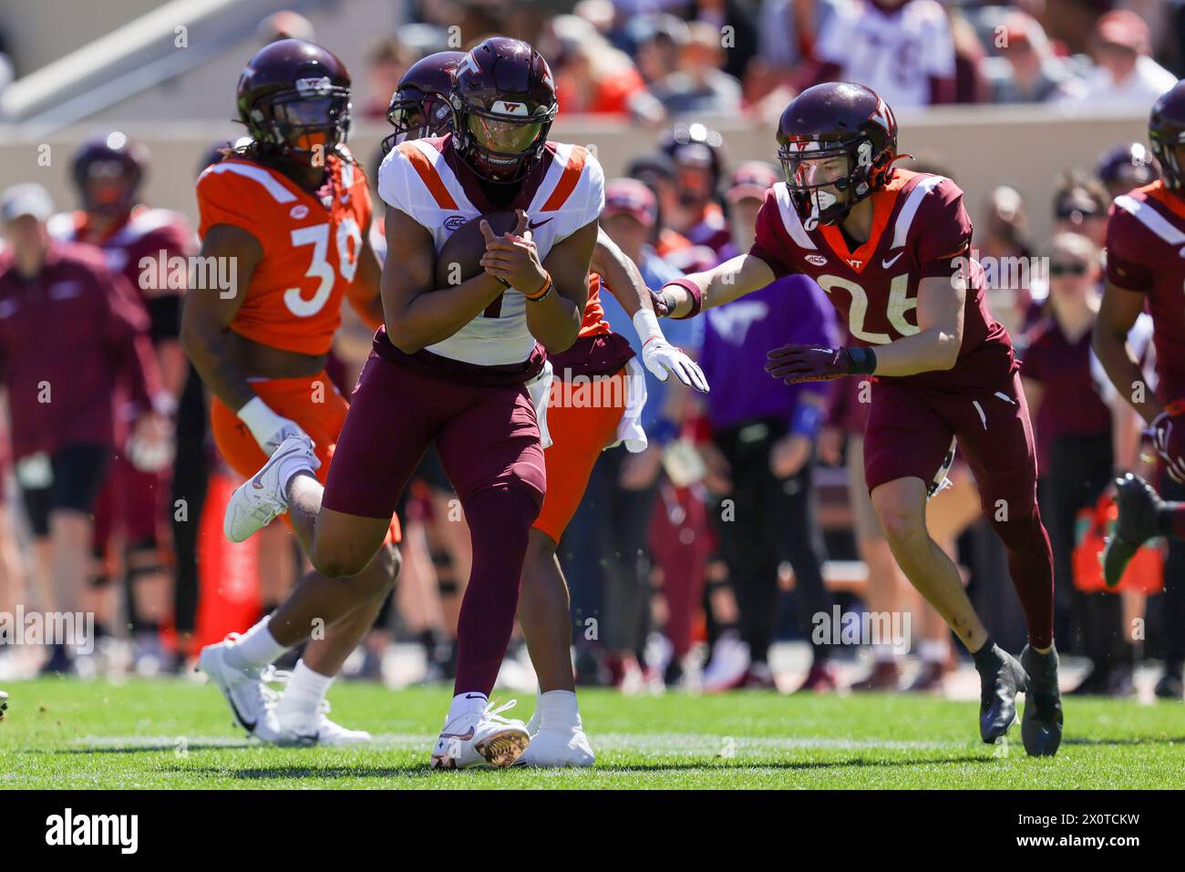 Blacksburg, Virginia, USA. 13th Apr, 2024. Virginia Tech Hokies quarterback Kyron Drones (1 ...