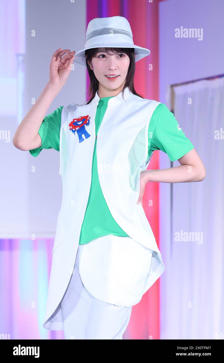 Tokyo, Japan. 13th Apr, 2024. A model displays an official uniform of ...