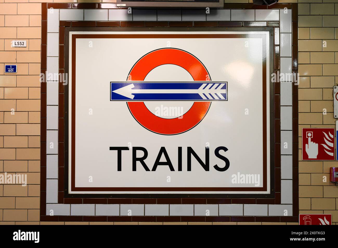 London, UK - March 23, 2024; Roundel with arrow to trains at Great ...