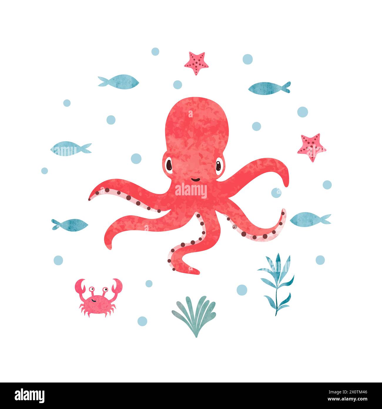 Cute baby octopus and fish. Marine watercolor vector illustration for ...