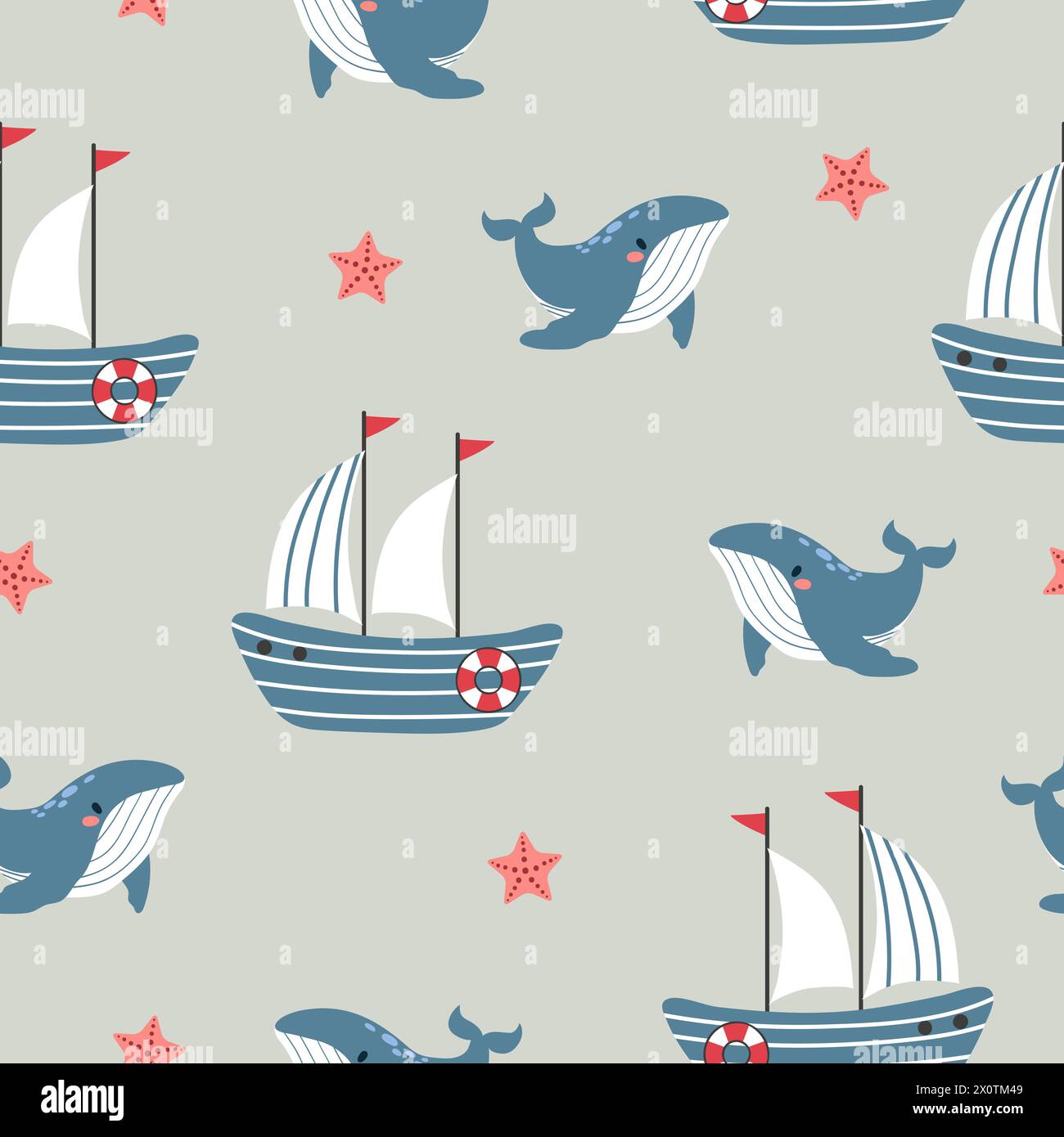 Seamless marine pattern with cute ships and whales. Vector sea ...