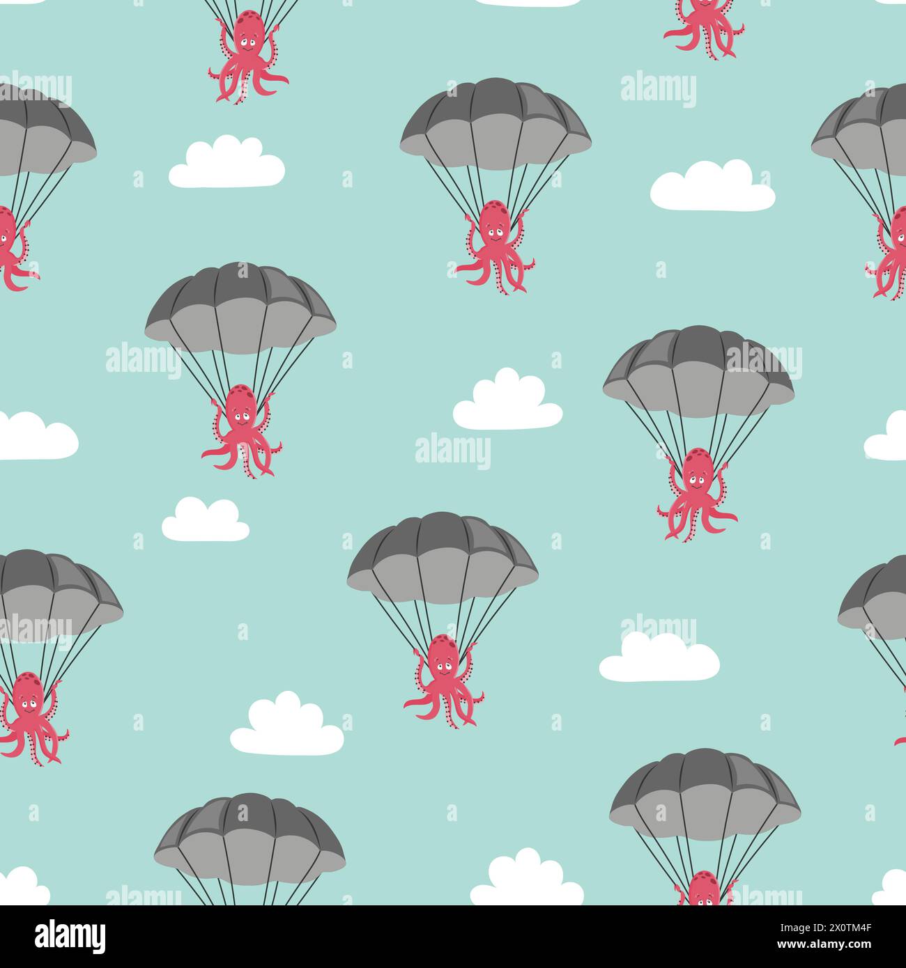 Cute octopus flying by parachute seamless pattern. Vector illustration ...