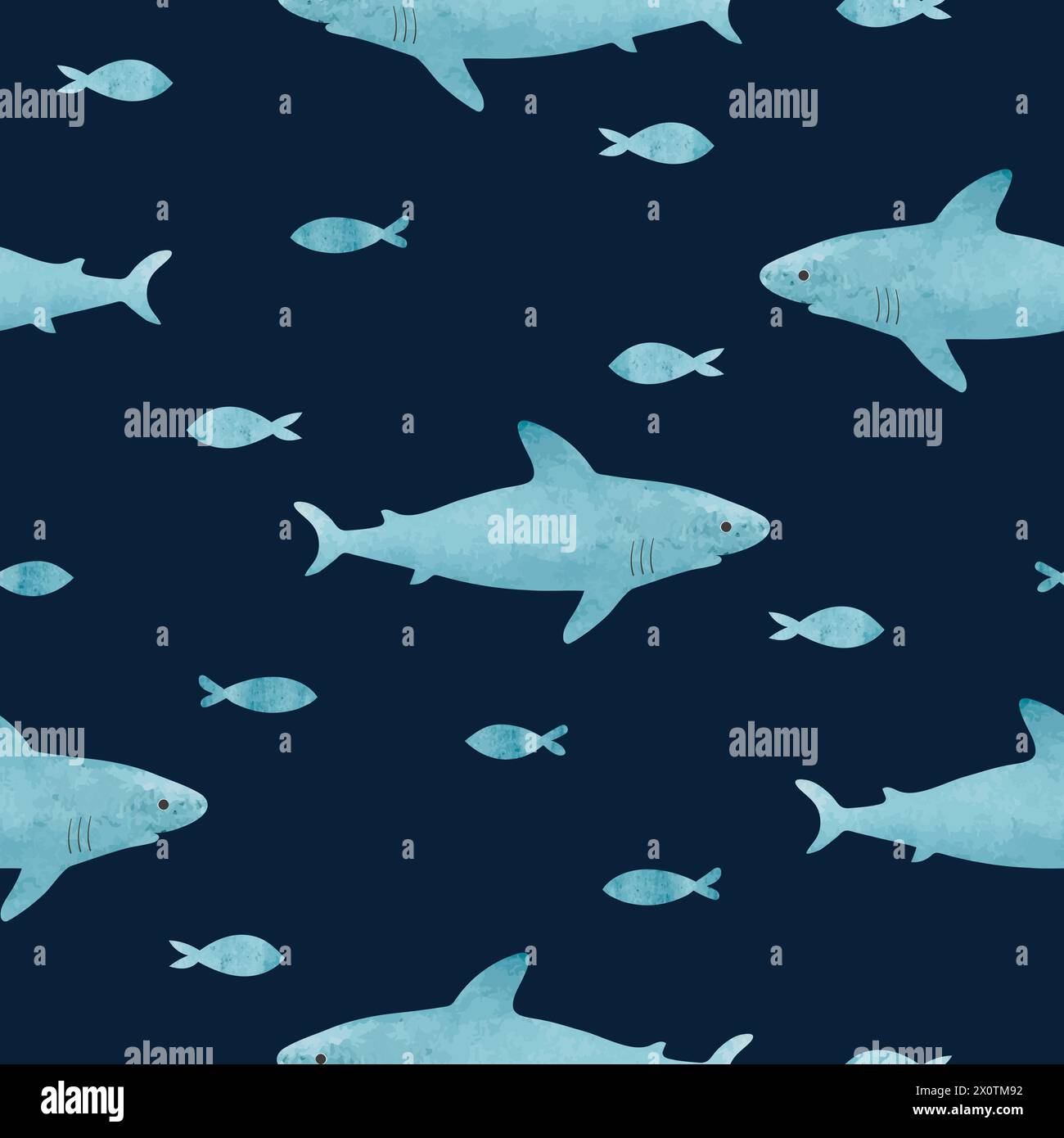 Seamless watercolor sharks and fish pattern. Vector sea background ...