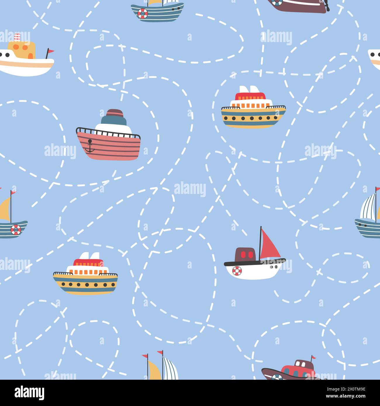 Cute marine pattern with cartoon ships. Seamless vector sea print with ...