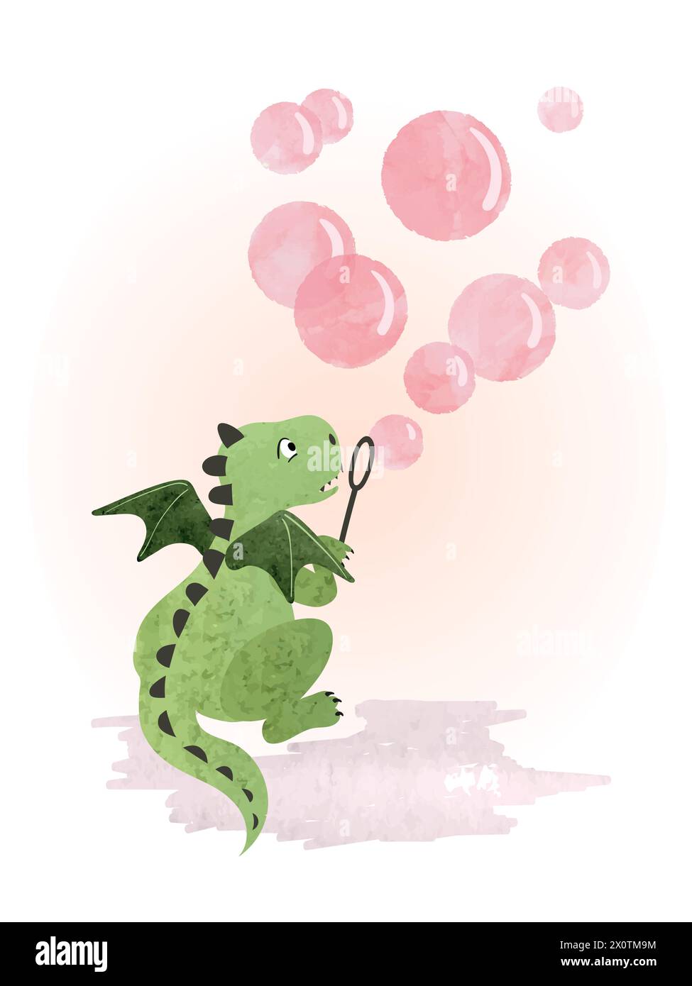 Cute cartoon dragon blowing soap bubbles. Vector watercolor ...