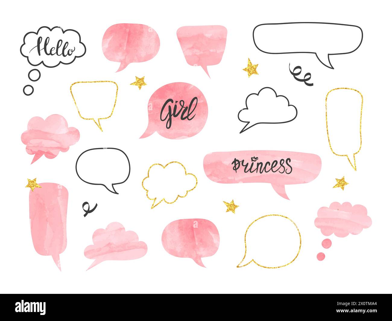 Cute speech bubbles set. Pink watercolor thought balloons vector ...