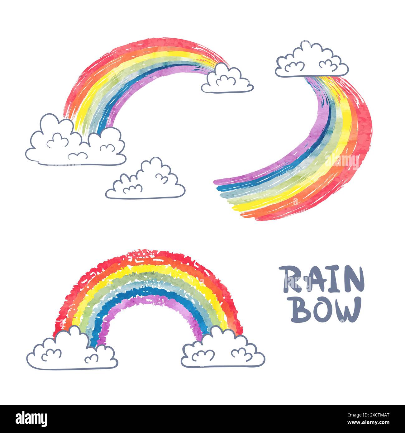 Cartoon rainbows set. Watercolor rainbow and clouds isolated on white ...