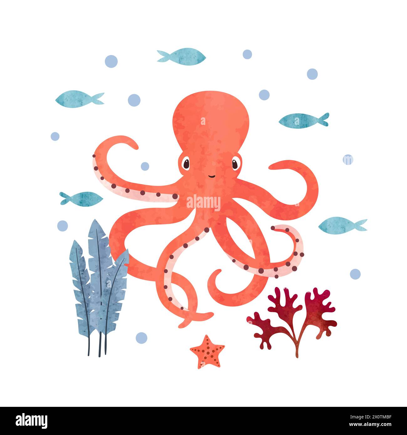 Cute baby octopus vector illustration. Marine watercolor poster, print ...