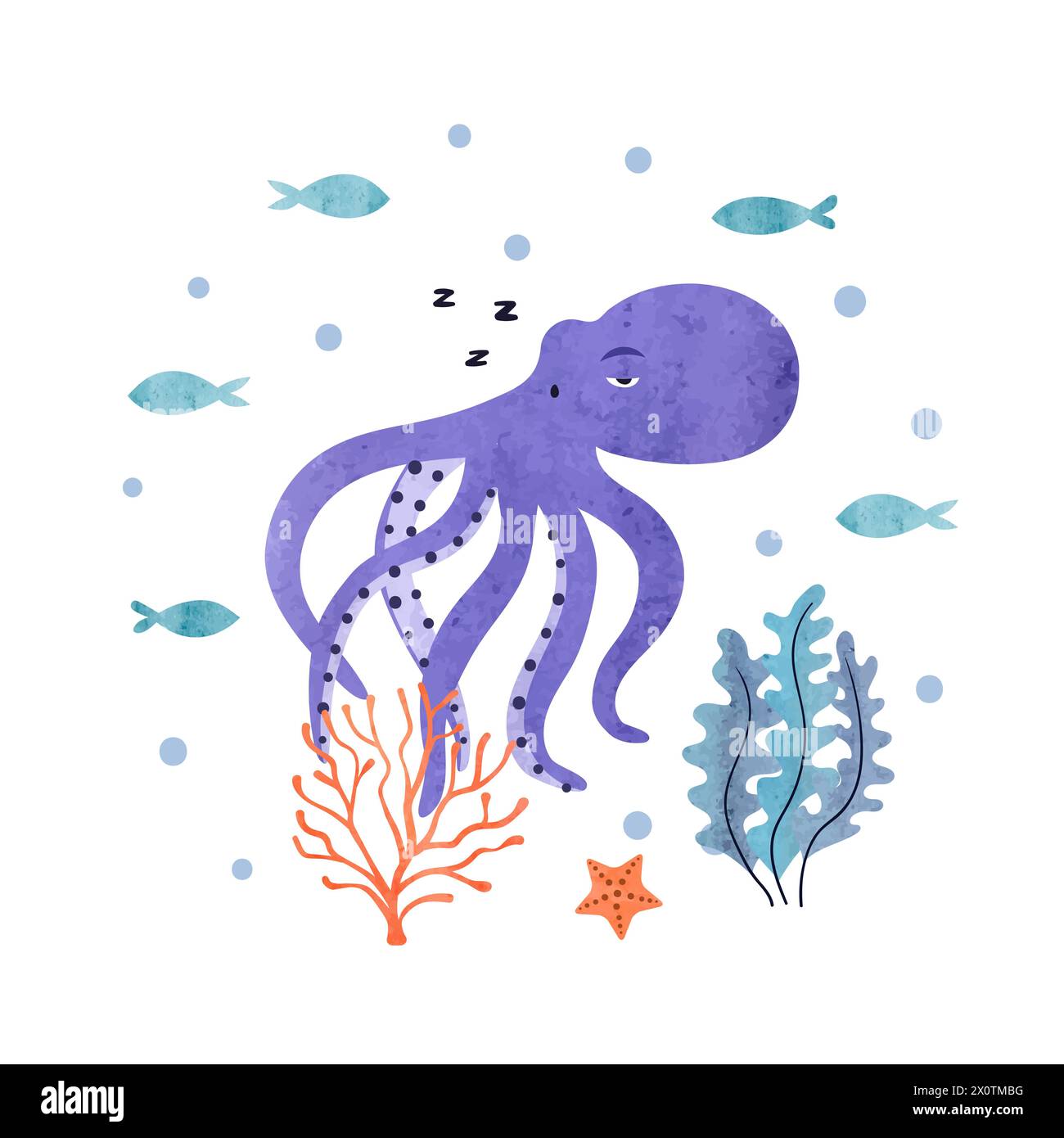 Cute sleeping octopus and fish. Marine watercolor vector illustration ...