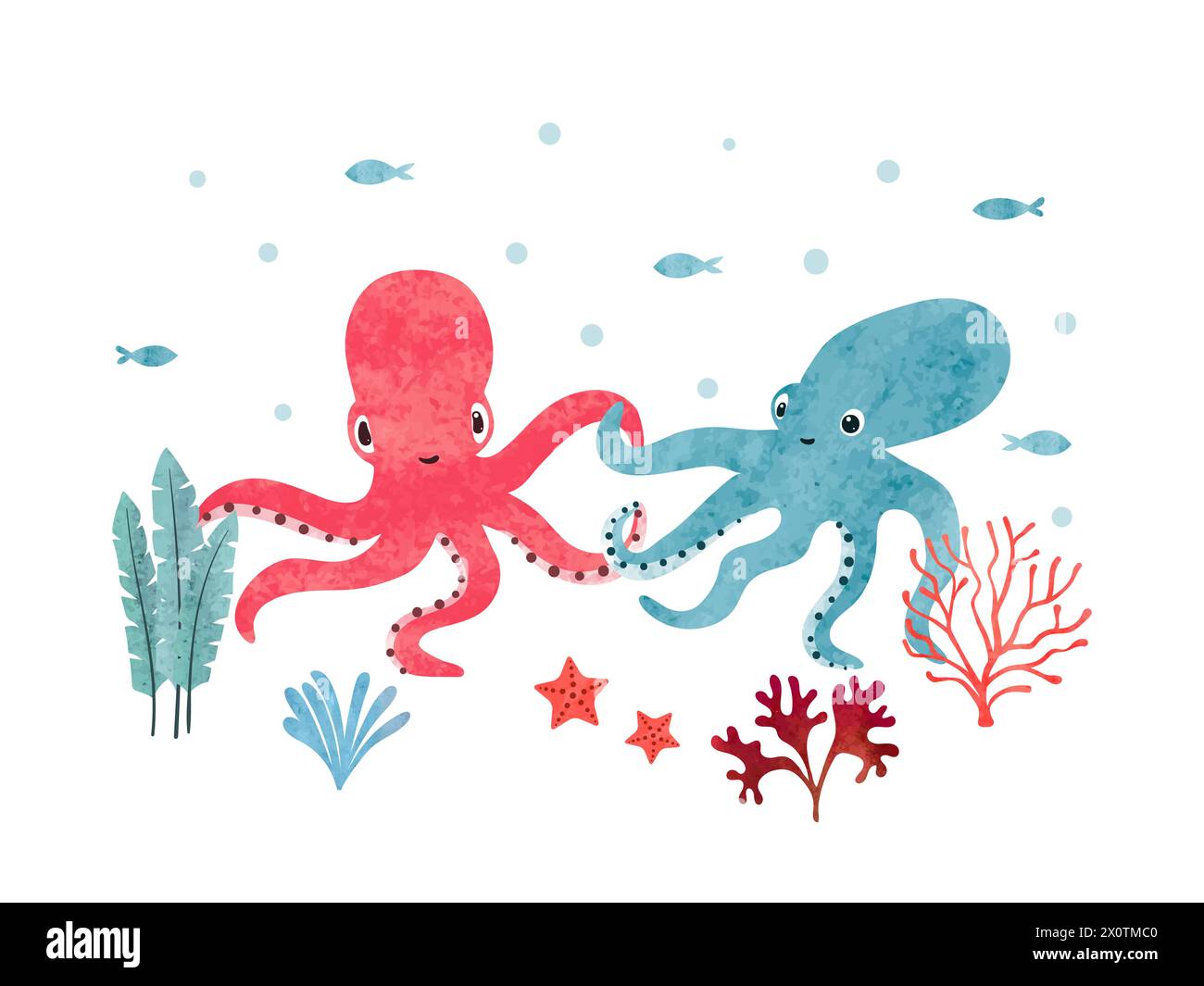 Couple of cute octopuses. Marine watercolor vector illustration for ...