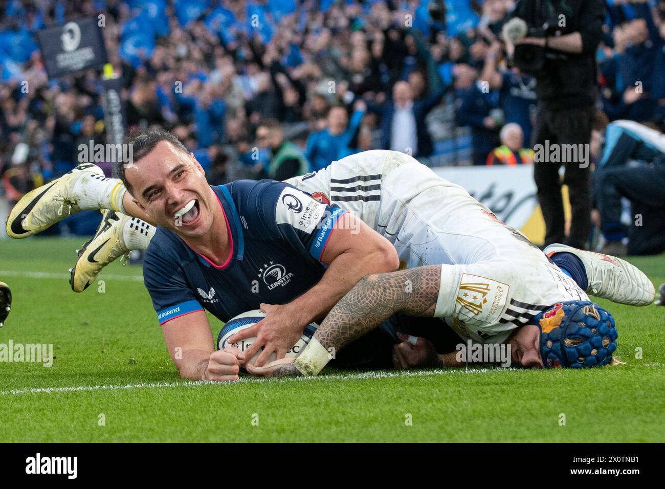 Dublin, Ireland. 13th Apr, 2024. Jamies Lowe of Leinster celebrates ...