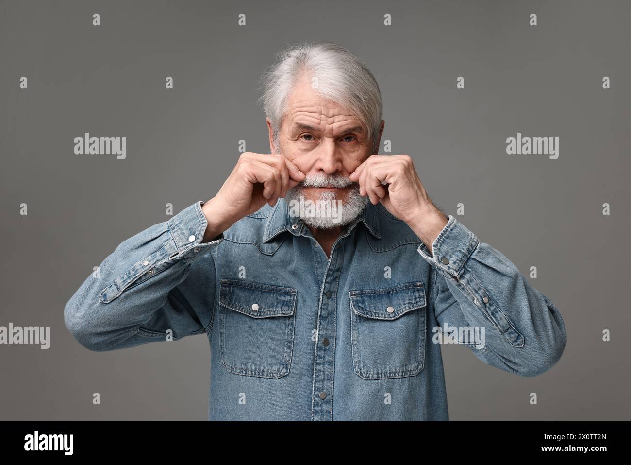 Senior man touching mustache on grey background Stock Photo - Alamy