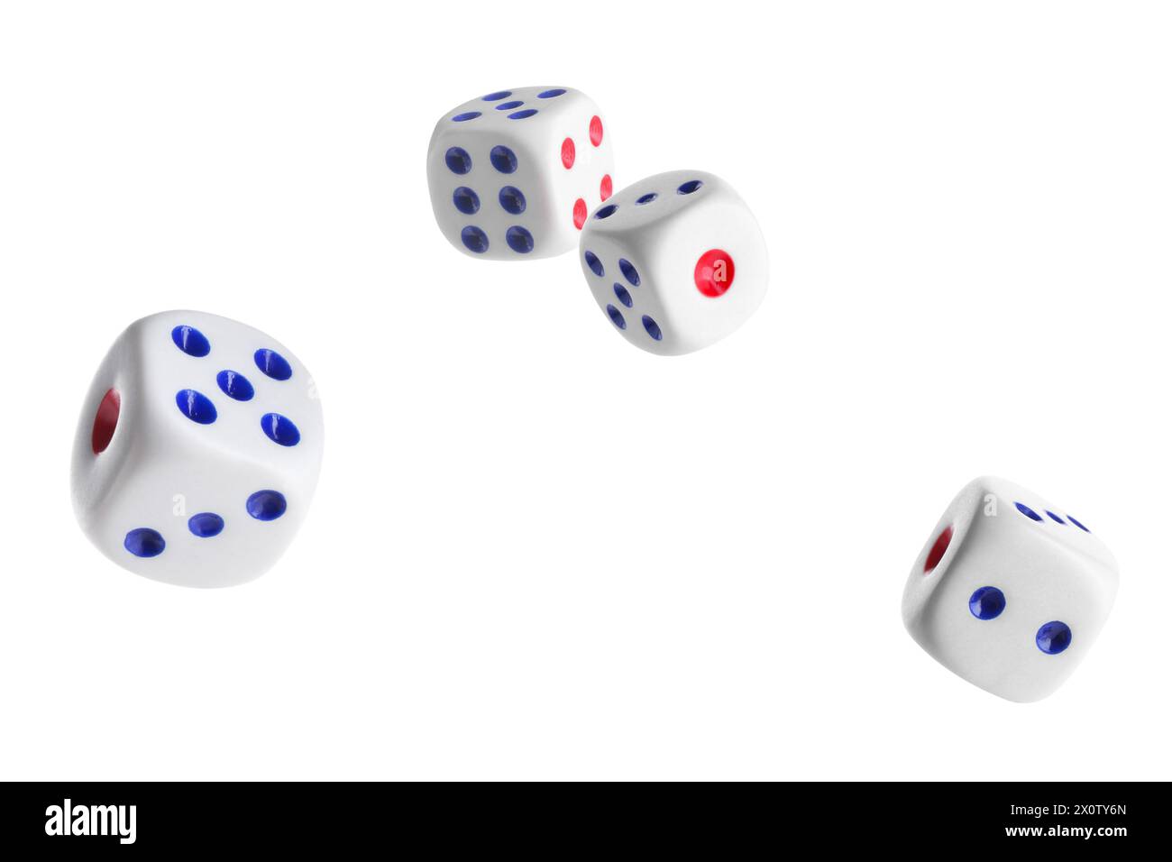 Four dice in air on white background Stock Photo - Alamy