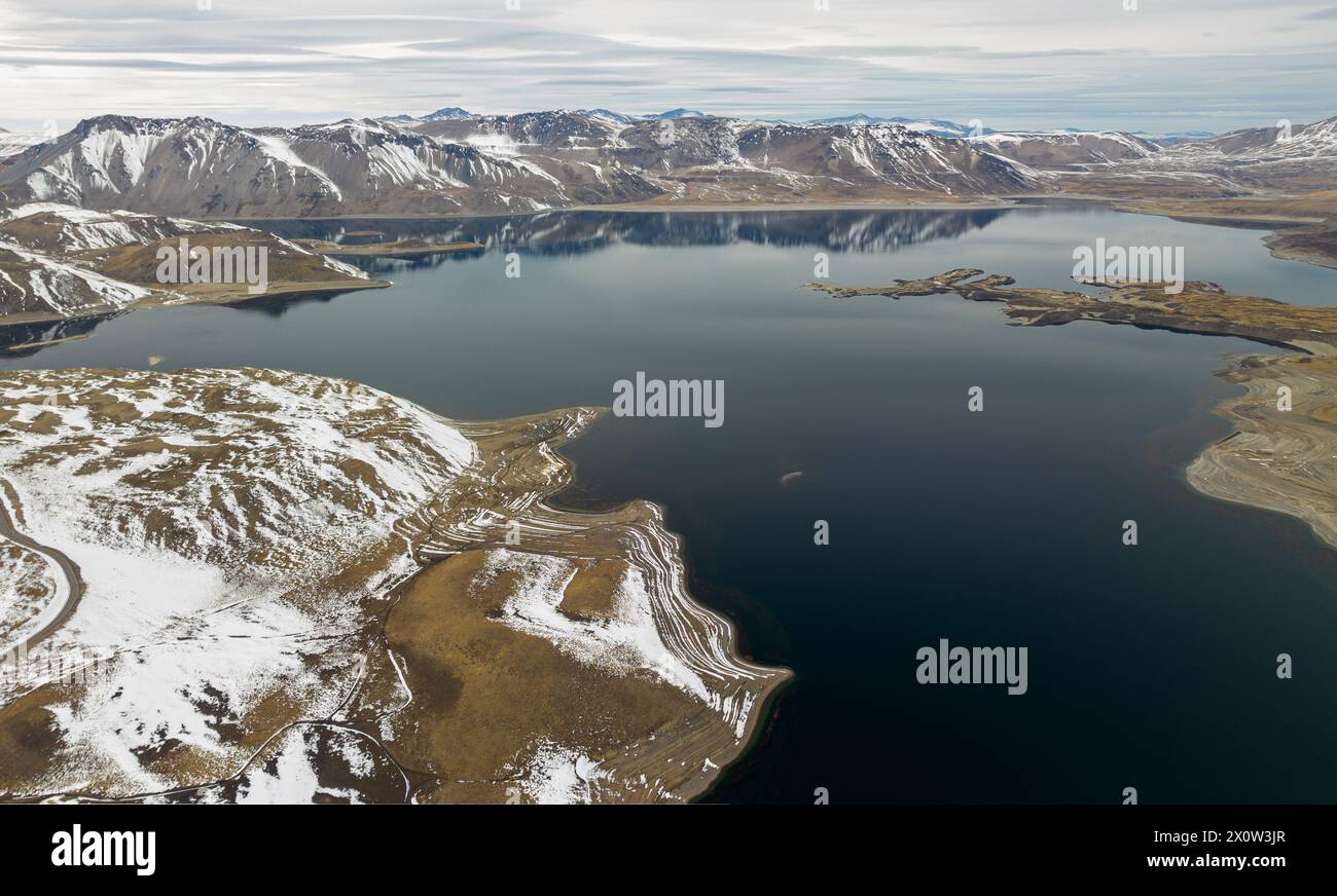 Aerial view of the Snowy Andes and Maule Lagoon at the Pehuenche border ...