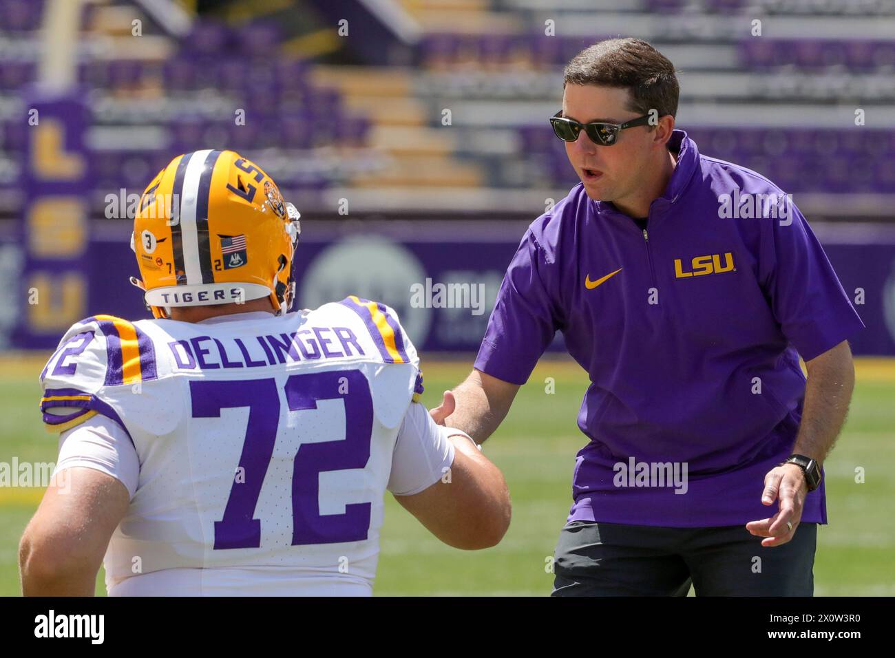 Baton Rouge, LA, USA. 13th Apr, 2024. LSU Offensive Coordinator Joe ...