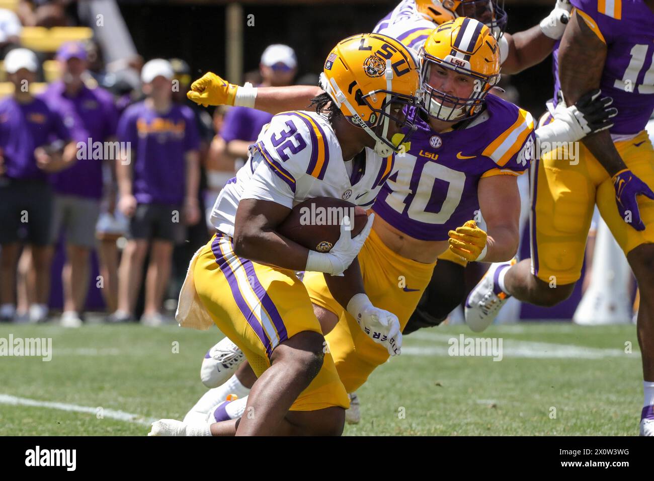 Baton Rouge, LA, USA. 13th Apr, 2024. LSU running back Joseph Ebun (32 ...