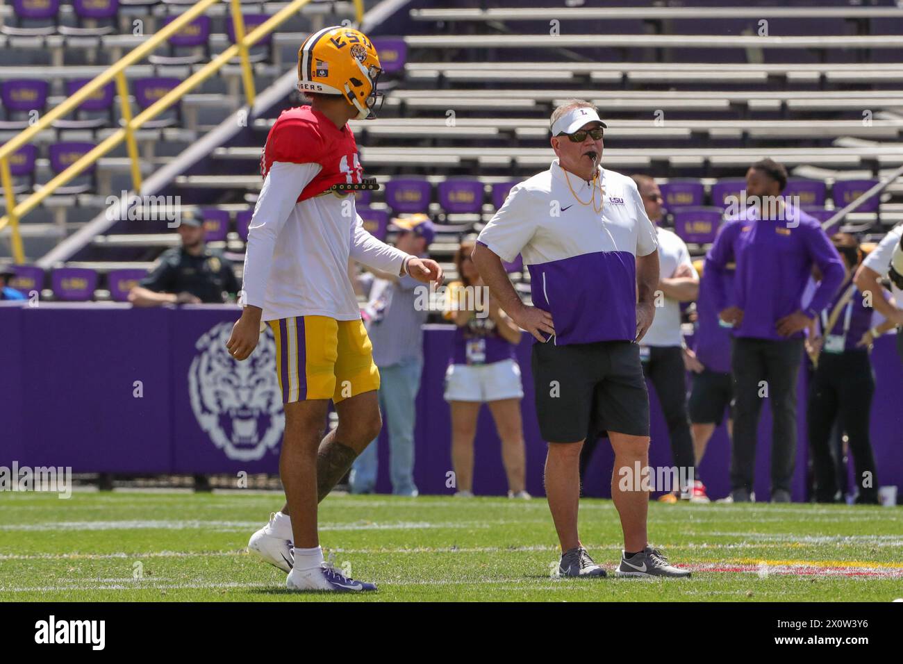 April 13, 2024: LSU Head Coach Brian Kelly looks on as back up ...
