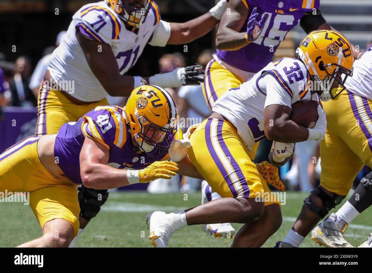 Baton Rouge, LA, USA. 13th Apr, 2024. LSU running back Joseph Ebun (32 ...