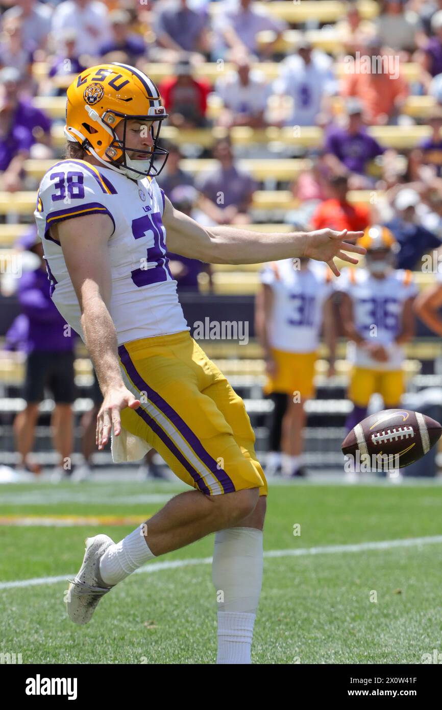 Baton Rouge, LA, USA. 13th Apr, 2024. LSU punter Peyton Todd (38) tries ...