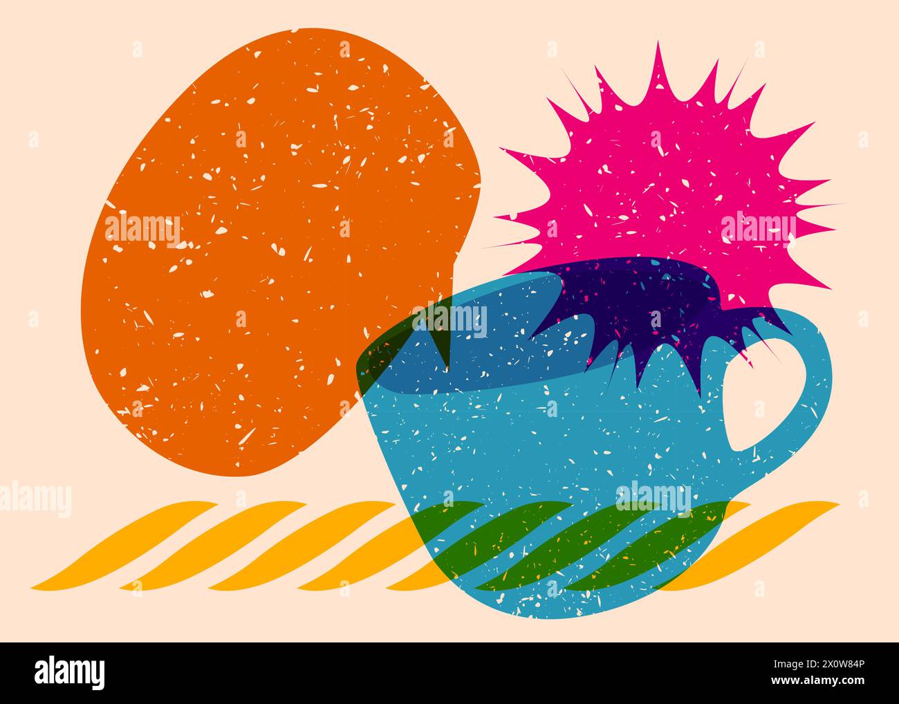 Risograph Coffee cup with speech bubble with geometric shapes. Objects ...