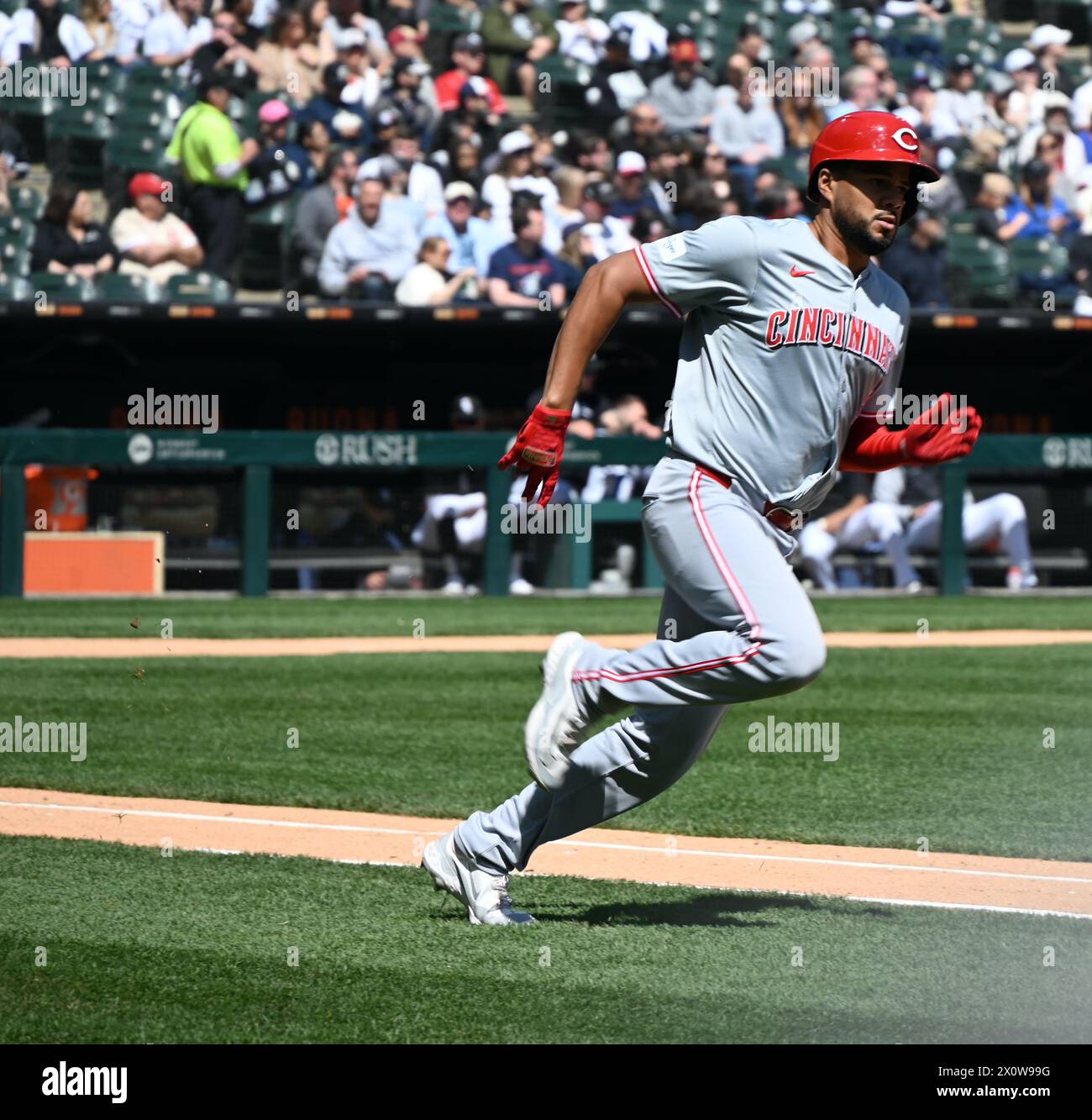 Chicago, United States. 13th Apr, 2024. Jeimer Candelario runs to first ...