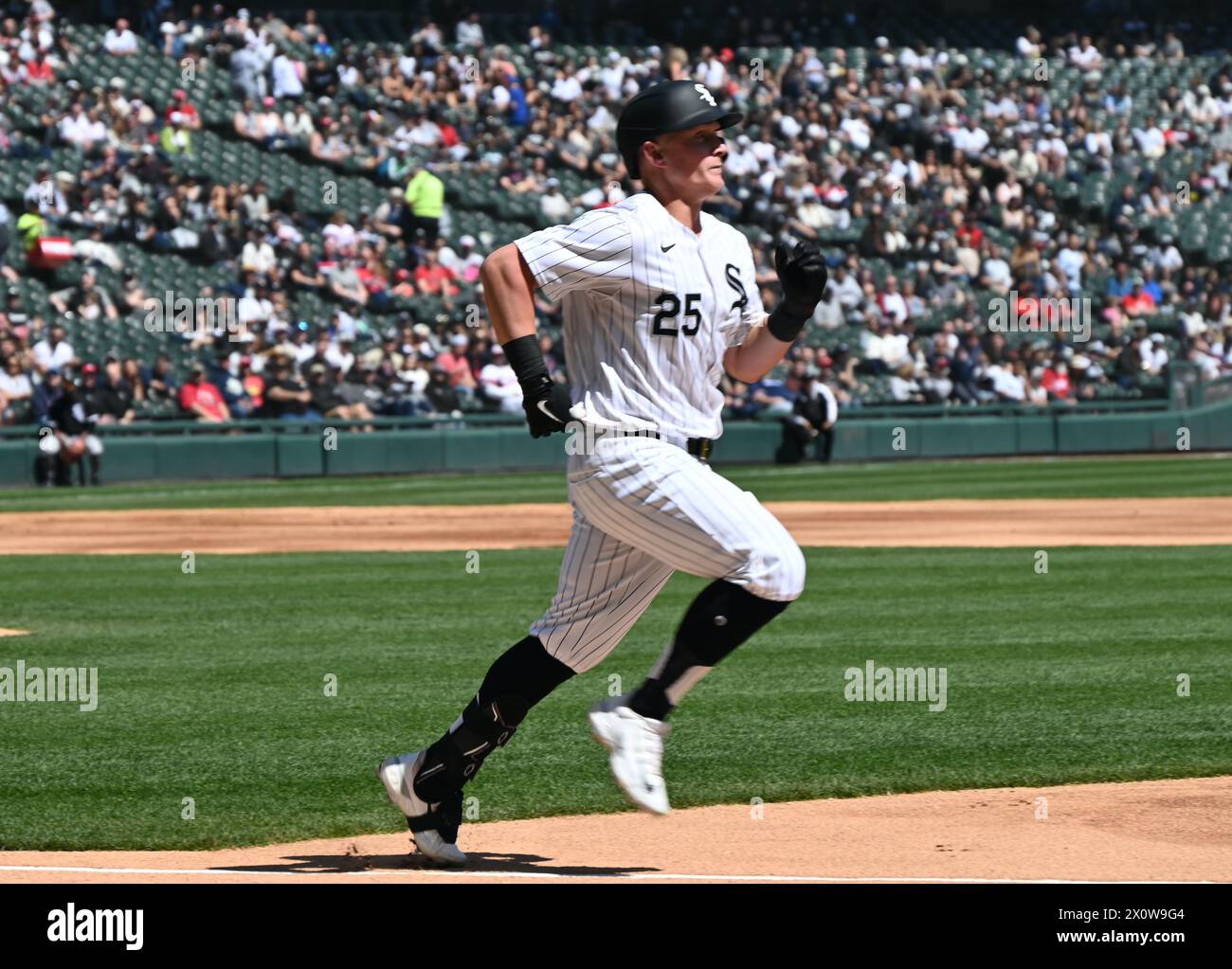 Chicago, United States. 13th Apr, 2024. Andrew Vaughn runs to first ...