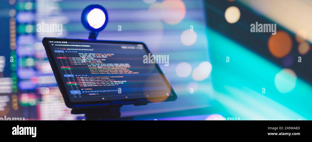 Working atmosphere of a programmer at home, background. Programming ...