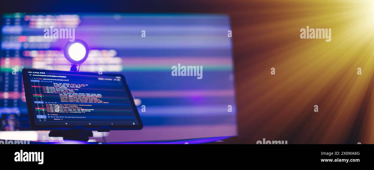 Working atmosphere of a programmer at home, background. Programming code abstract Stock Photo ...