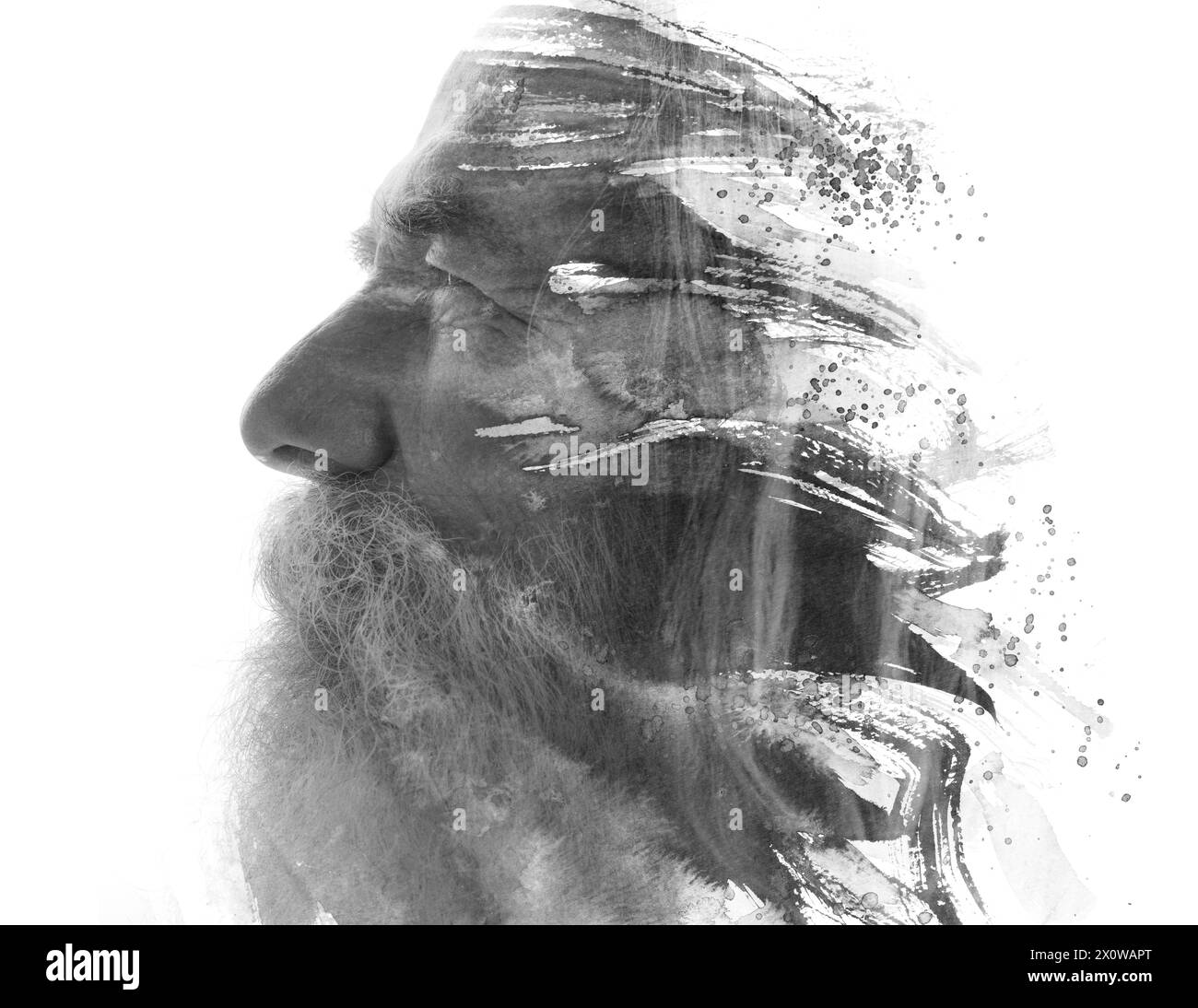 A fading paintography double exposure portrait profile of an old ...