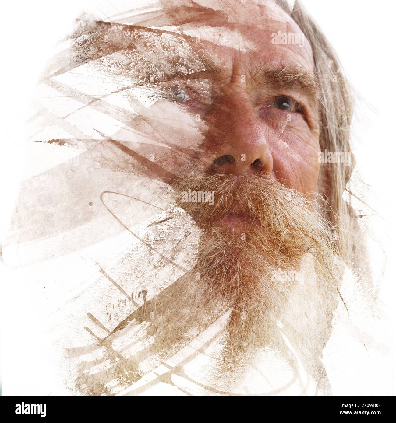 A paintography portrait of a bearded old man disappearing into the ...