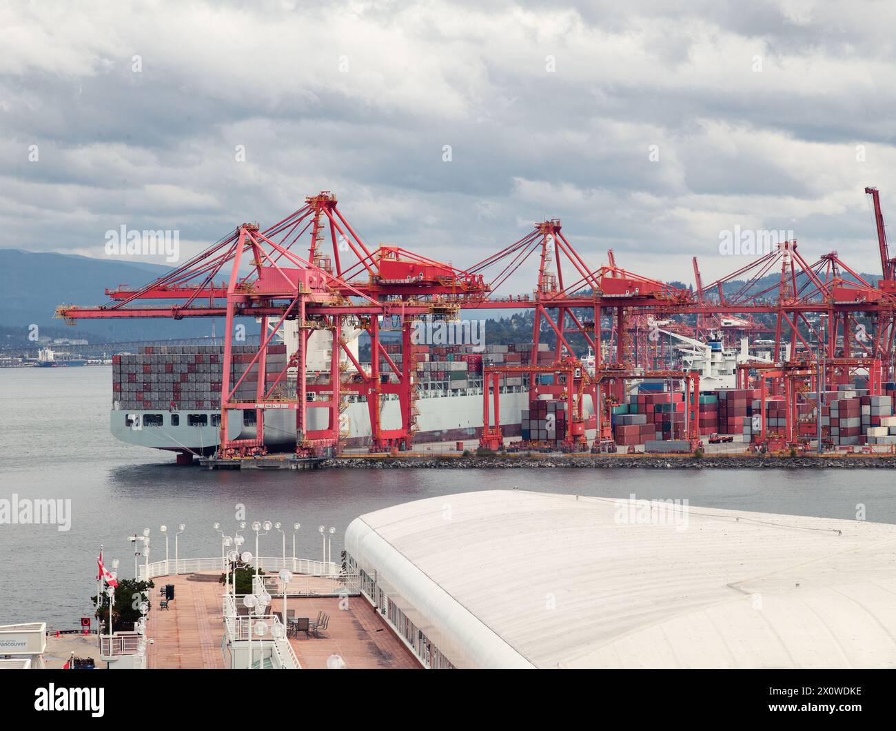 The bustling Port of Vancouver with cargo containers being loaded and ...