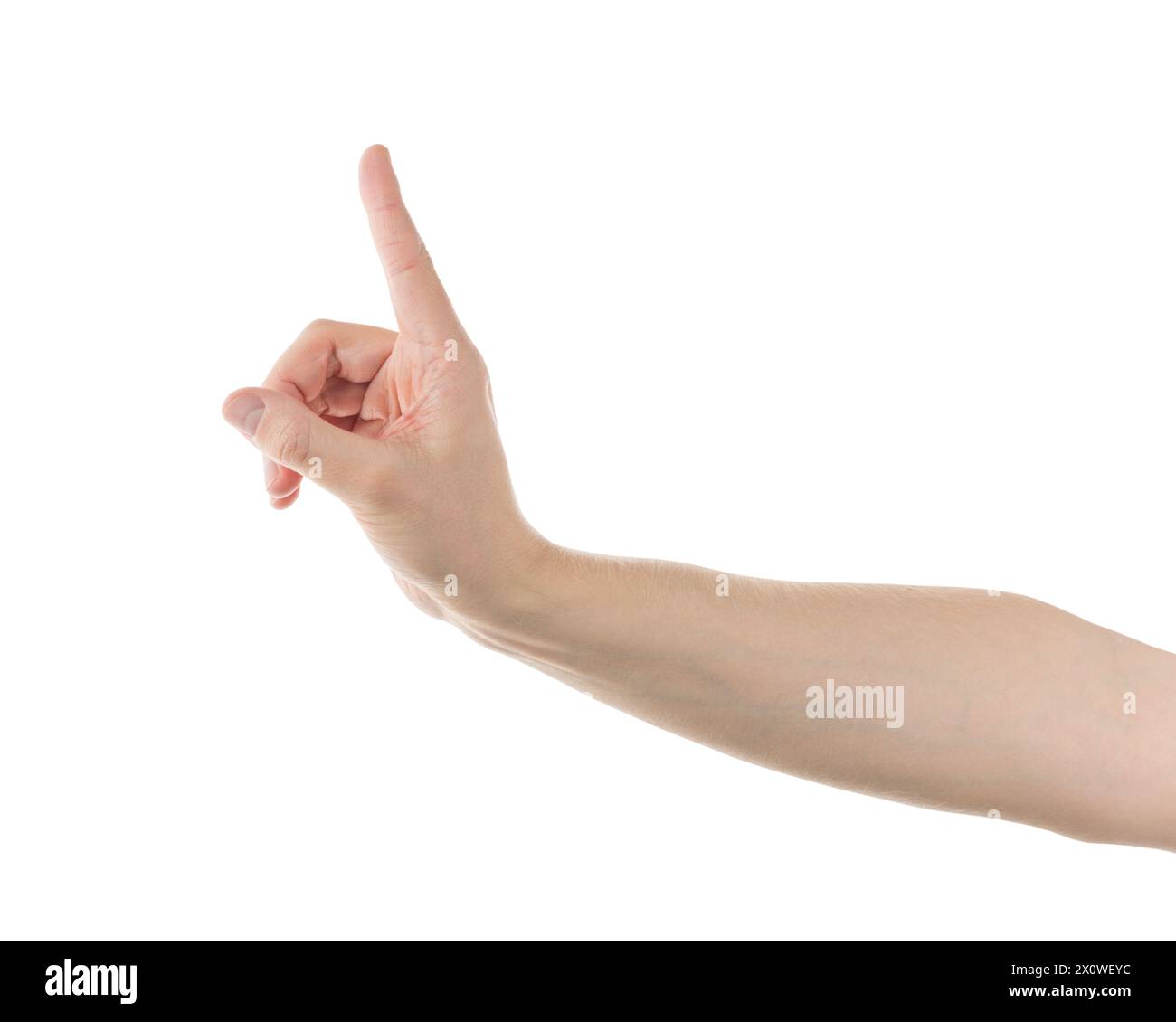 The hand makes a gesture with its index finger pointing up. The wrist is bent as the thumb and ...