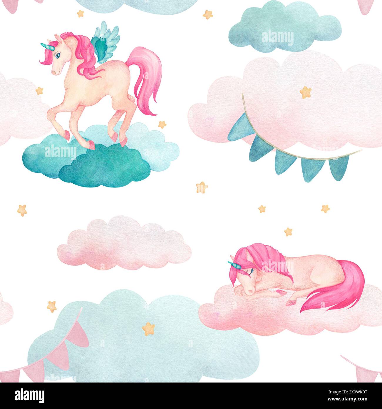 Watercolor seamless pattern with illustration of a cute unicorns on ...