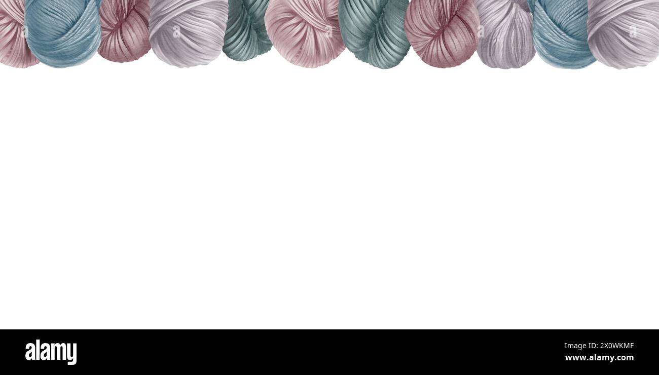 Skeins of yarn in the form of a one-sided border. Isolated on white ...