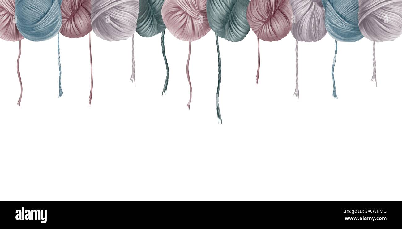 Skeins of yarn in the form of a one-sided border with strings hanging ...